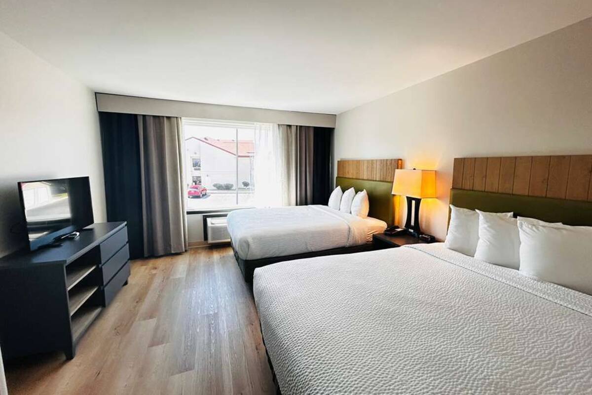 Quarto de hotel com duas camas, televisão, secretária e janela com cortinas.