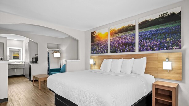Quarto de hotel moderno com uma cama grande, cabeceira de madeira, mesas de cabeceira, escrivaninha embutida e vista para um campo pela janela.