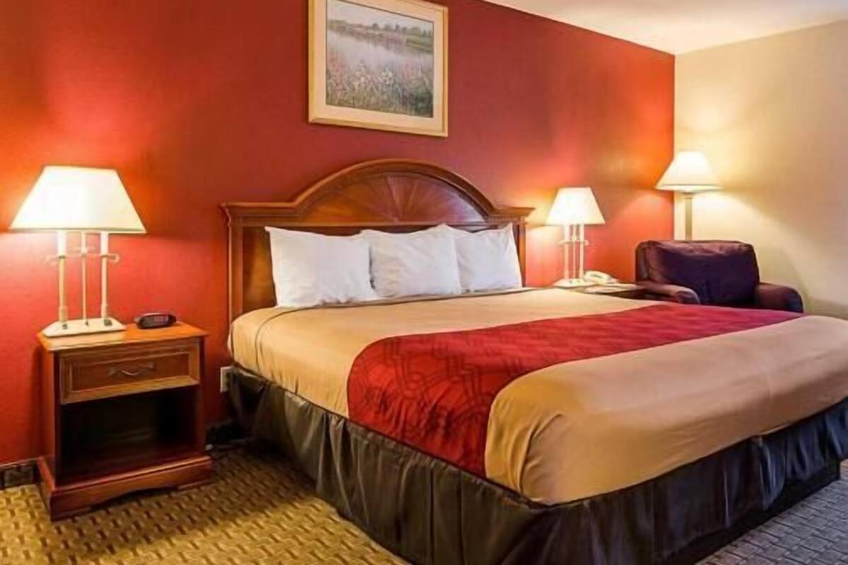 Quarto de hotel com cama, duas luminárias de cabeceira, uma cadeira, mesa de apoio e um quadro na parede.
