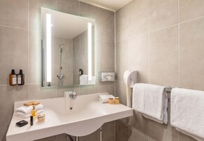 Quarto Standard, 1 cama queen-size e sofá-cama, não fumadores | Casa de banho | Um polibã, artigos de higiene ecológicos, um secador de cabelo 