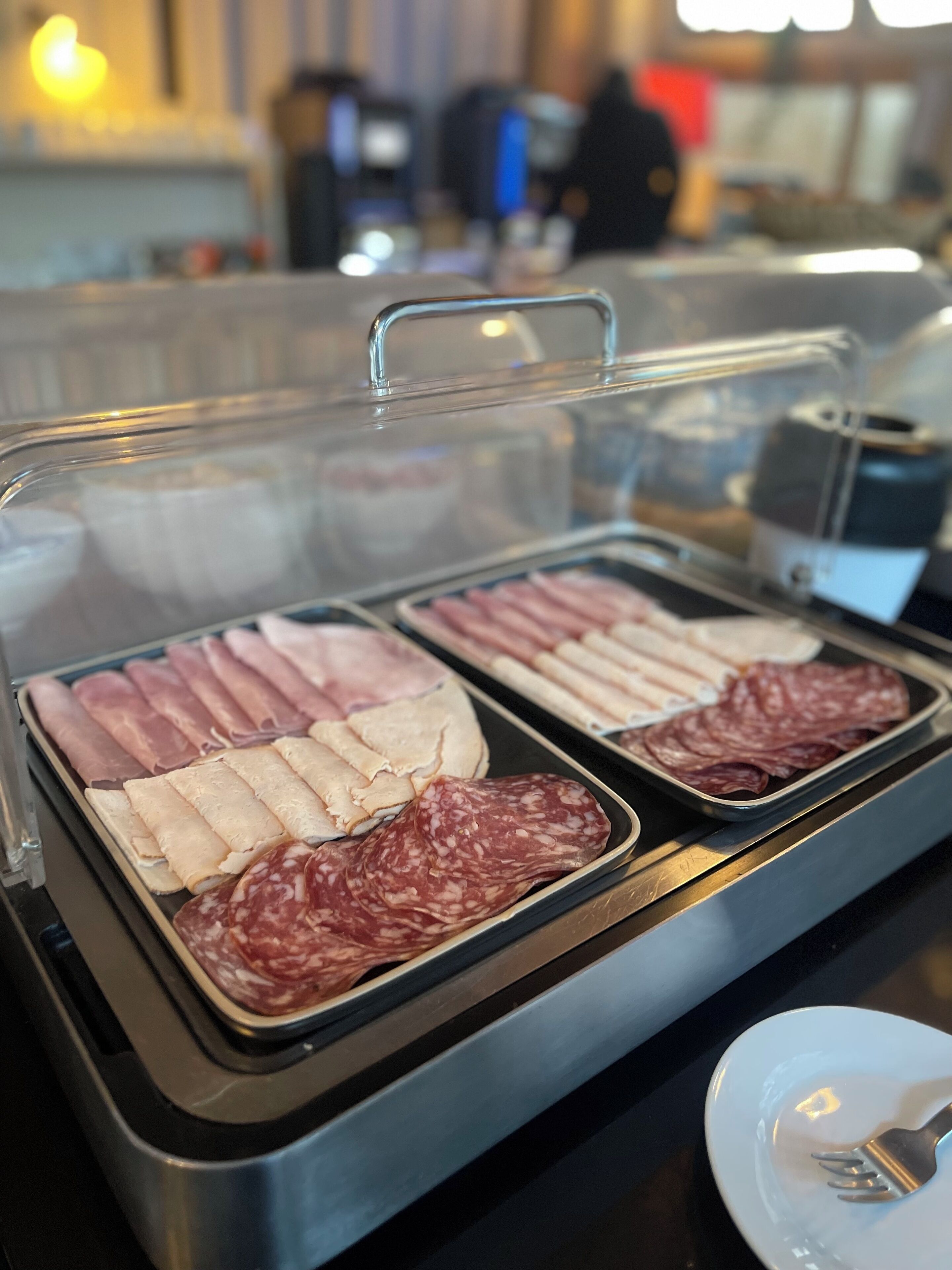 Um buffet com diversos tipos de carnes e queijos.