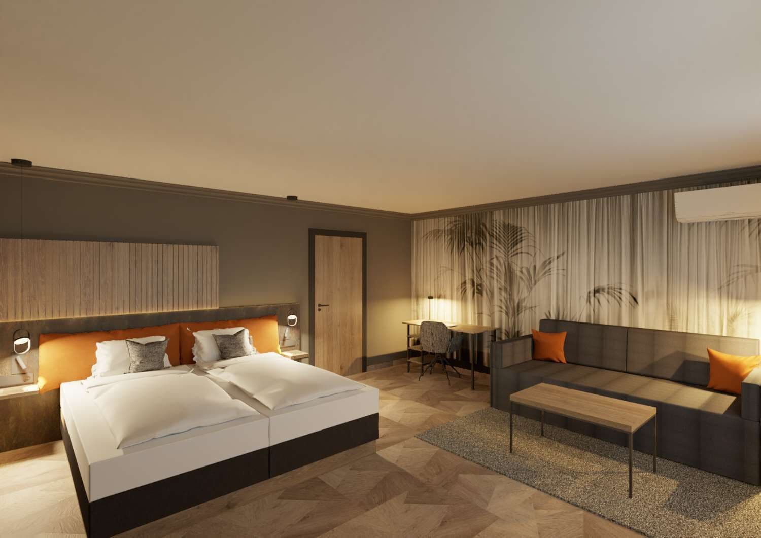 Quarto de hotel moderno com uma cama grande, um sofá, uma escrivaninha e uma cadeira.