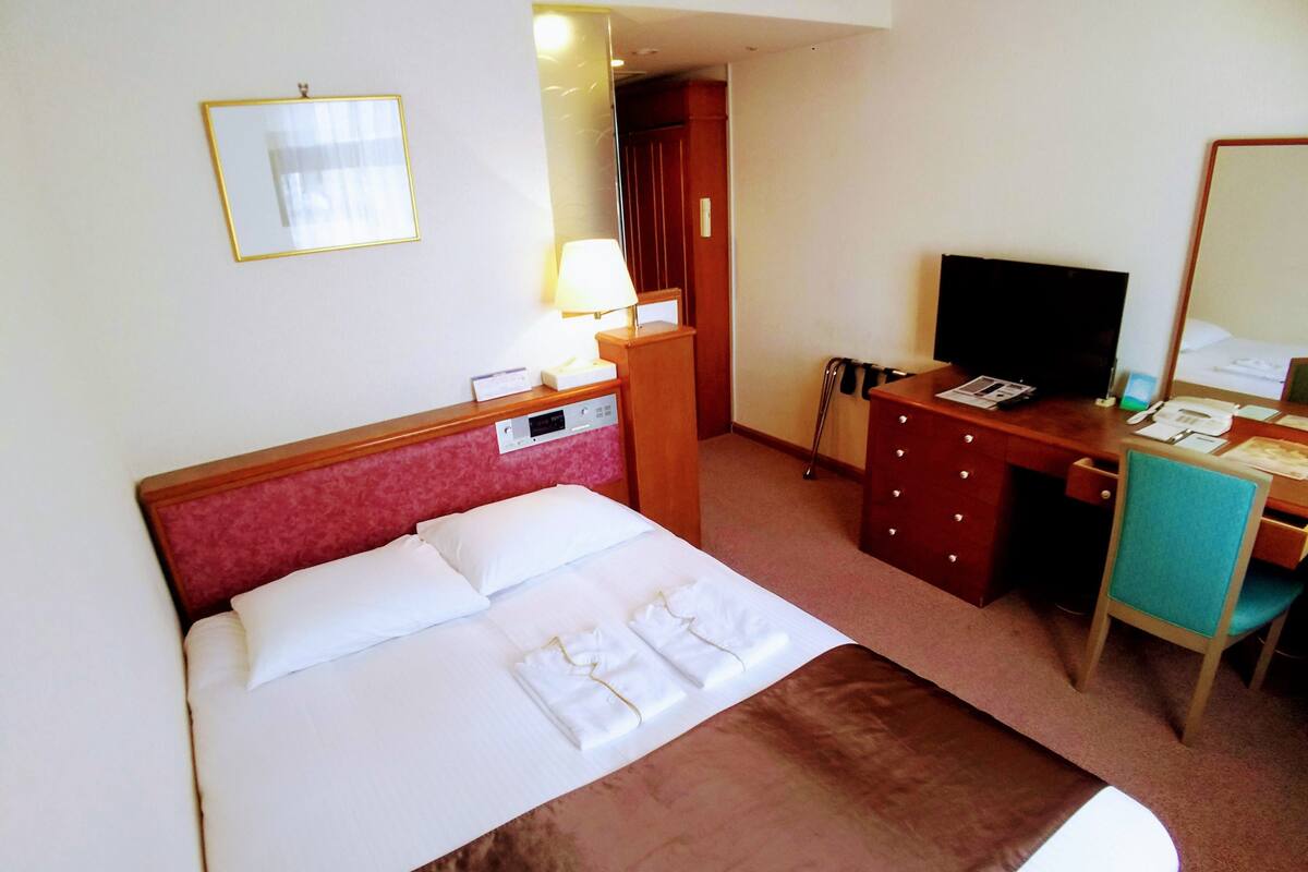 Quarto de hotel com cama, escrivaninha, cadeira, televisão e espelho.