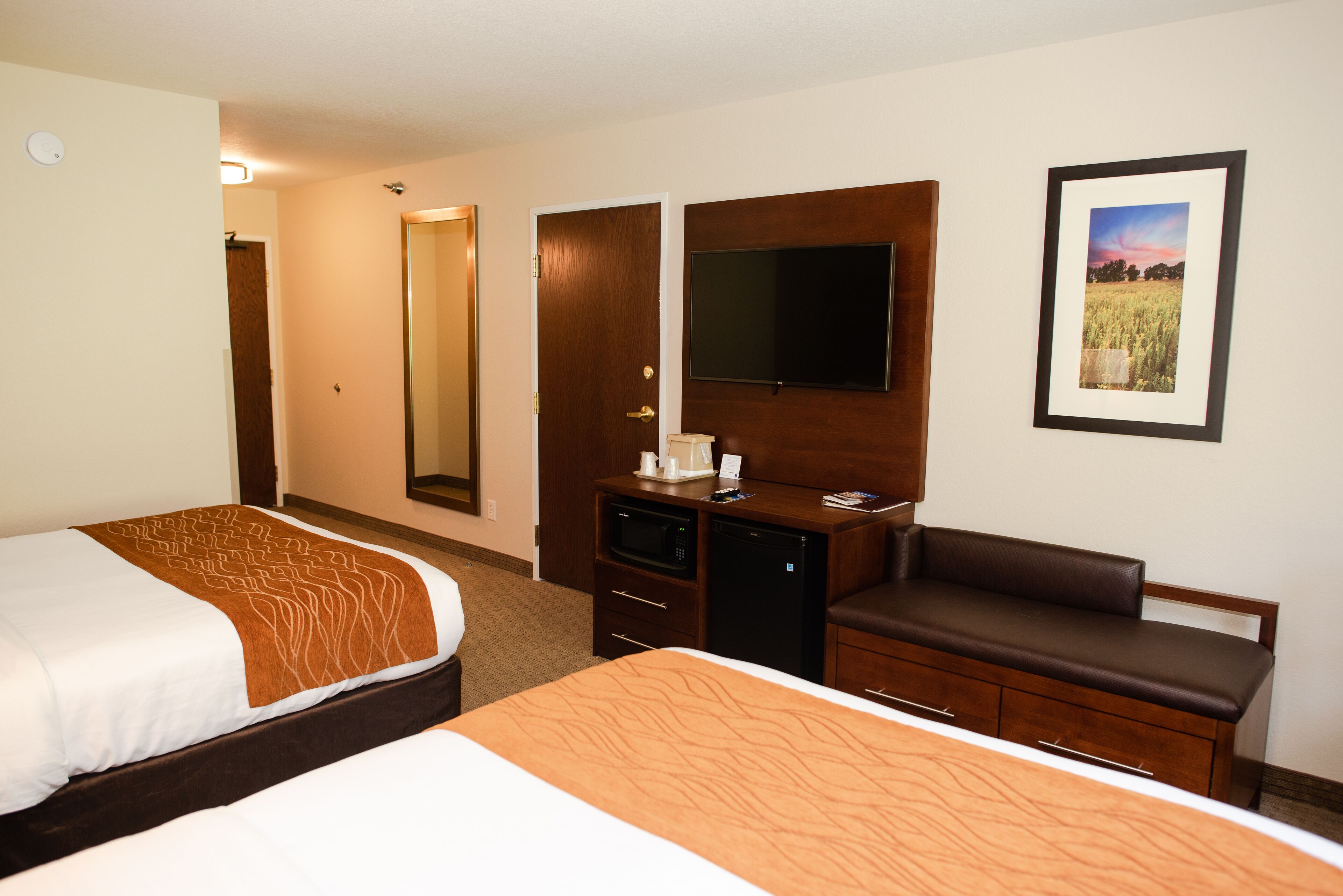 Quarto de hotel com duas camas, uma escrivaninha, televisão de tela plana, cómoda e um quadro na parede.