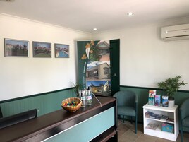 Uma área de recepção com um balcão de madeira, quadros nas paredes, uma porta verde, um vaso de planta e uma estante branca com revistas.