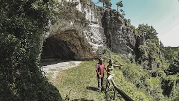 Formação rochosa natural com entrada de caverna, rodeada por vegetação.