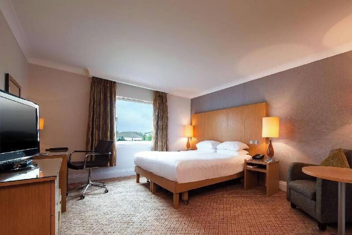 Quarto de hotel com cama, escrivaninha com televisão, poltrona, sofá e janela com cortinas.