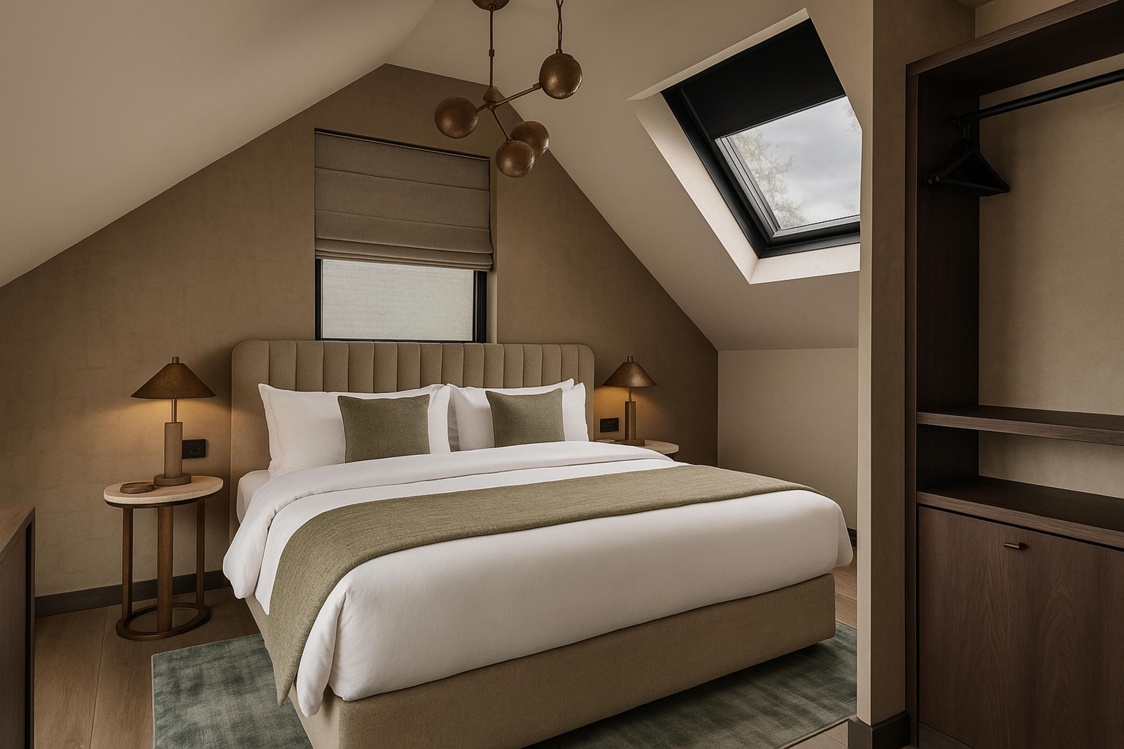 Um quarto com teto inclinado, uma cama com roupa de cama branca, duas luminárias de cabeceira, uma janela com vista e uma estante embutida.