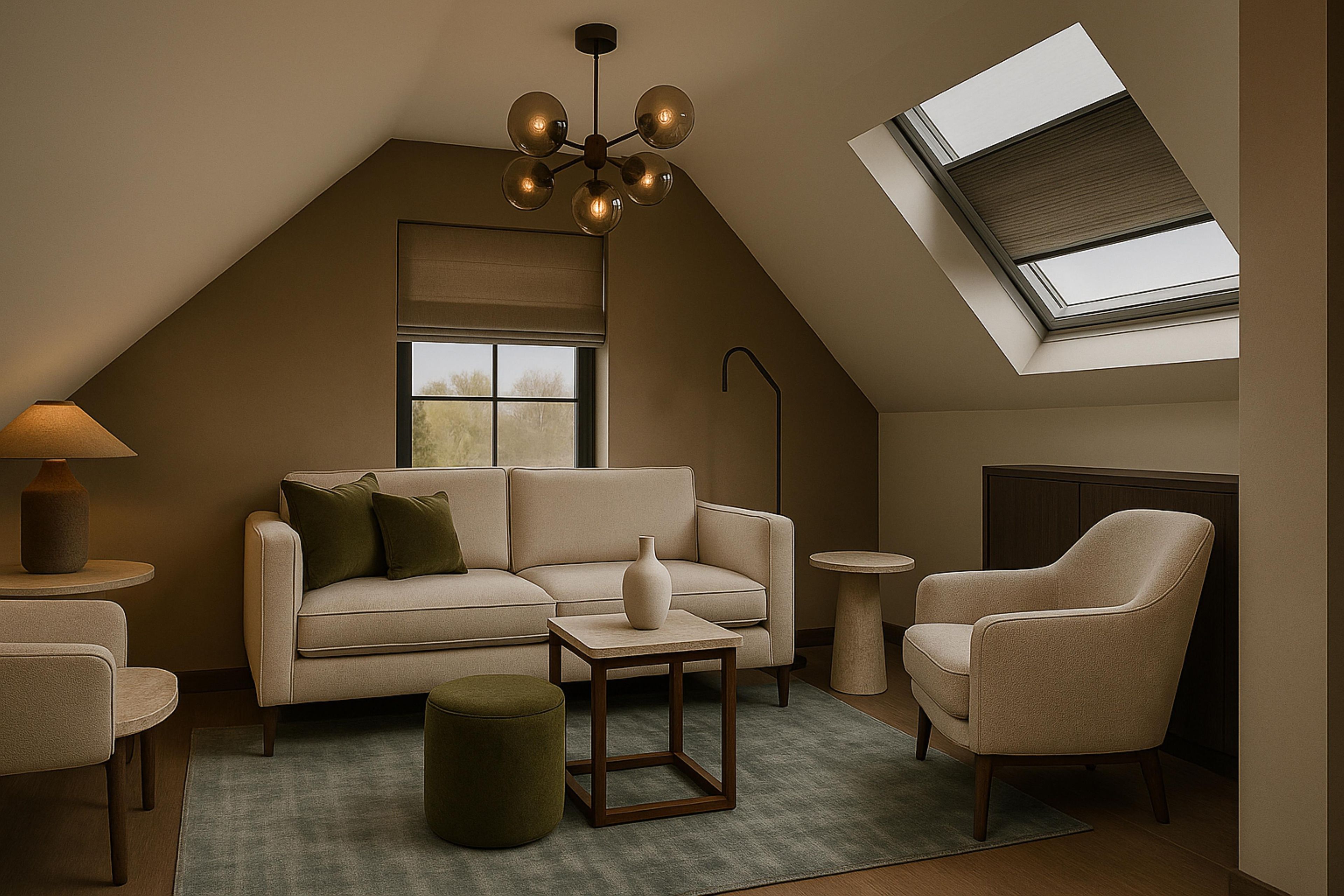 Uma sala de estar estilo loft aconchegante, com teto alto, um sofá, uma mesa de centro, uma mesinha lateral, um abajur, um banquinho redondo pequeno e um claraboia.