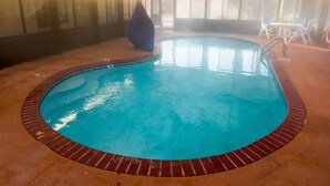 Uma piscina interna com borda azulejada, teto coberto e ampla vista para o exterior através de grandes janelas.