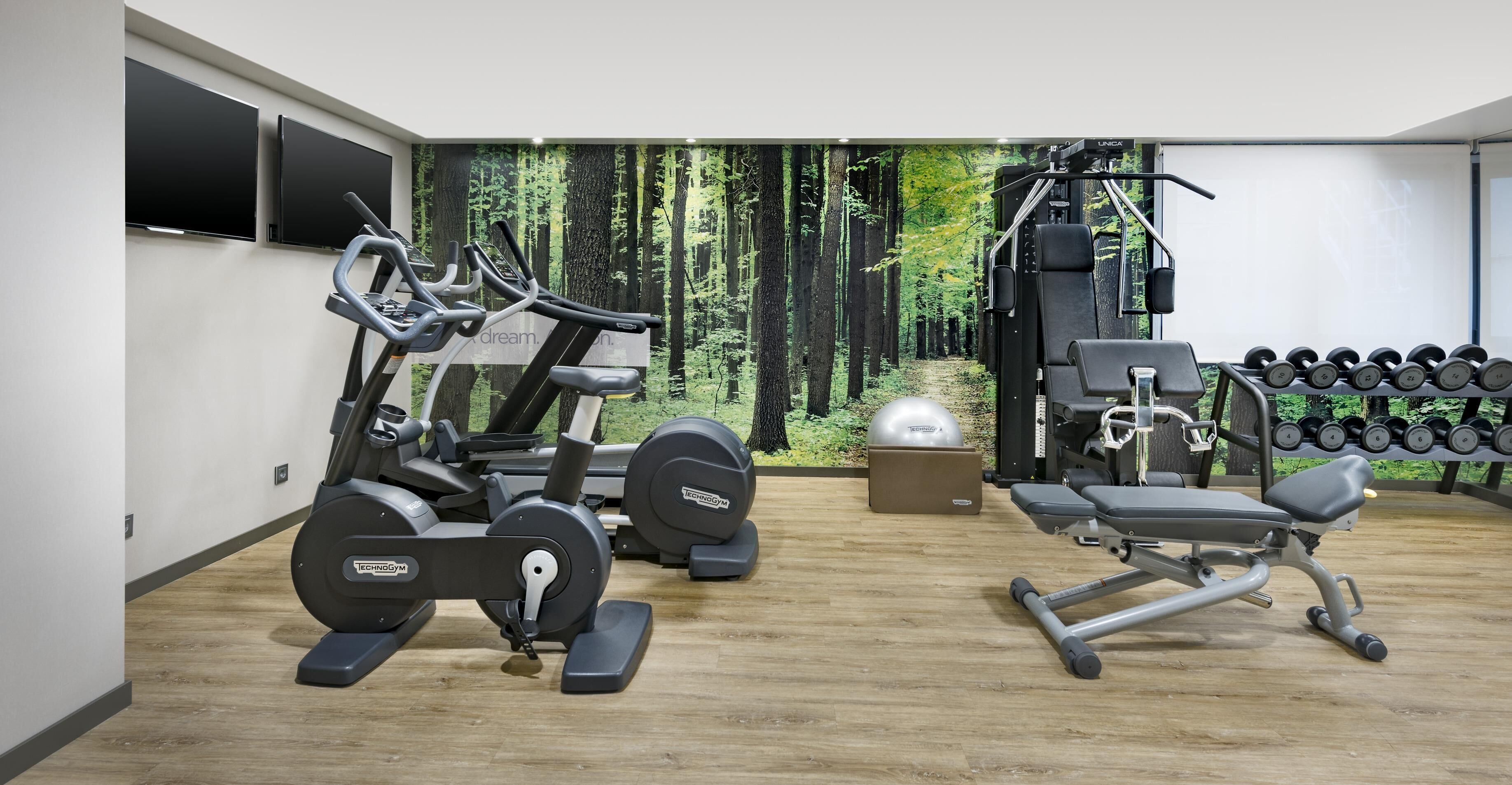 Uma academia com equipamentos de cardio, aparelhos de musculação e um mural na parede com tema de floresta.