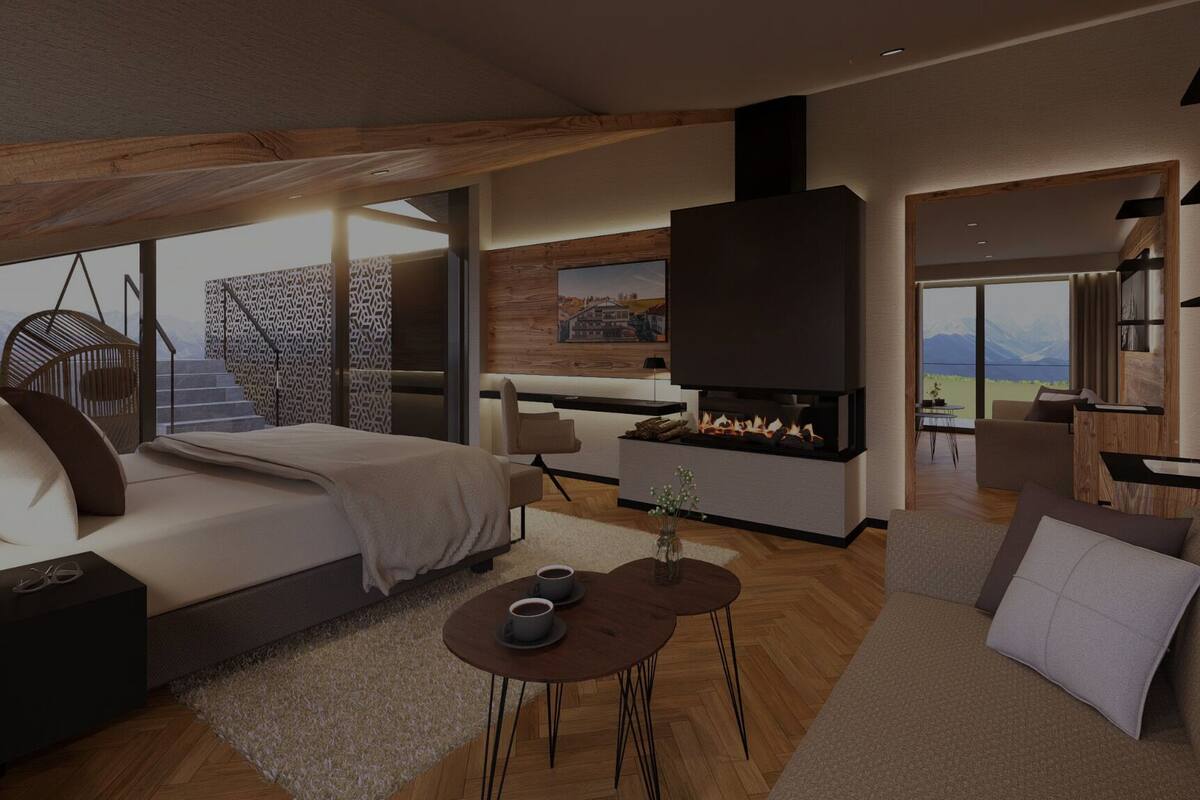 Uma sala de estar moderna com sofá, mesa de centro e lareira.