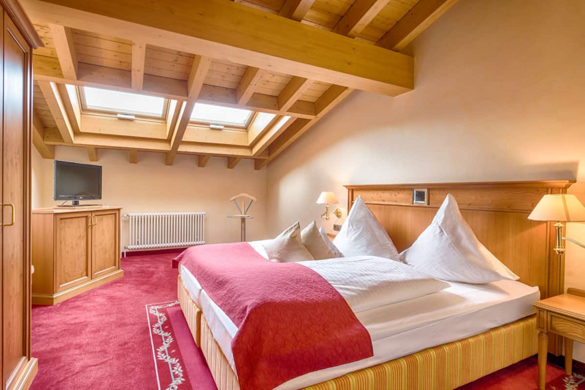 Quarto com uma cama grande, televisão, radiador e claraboia.