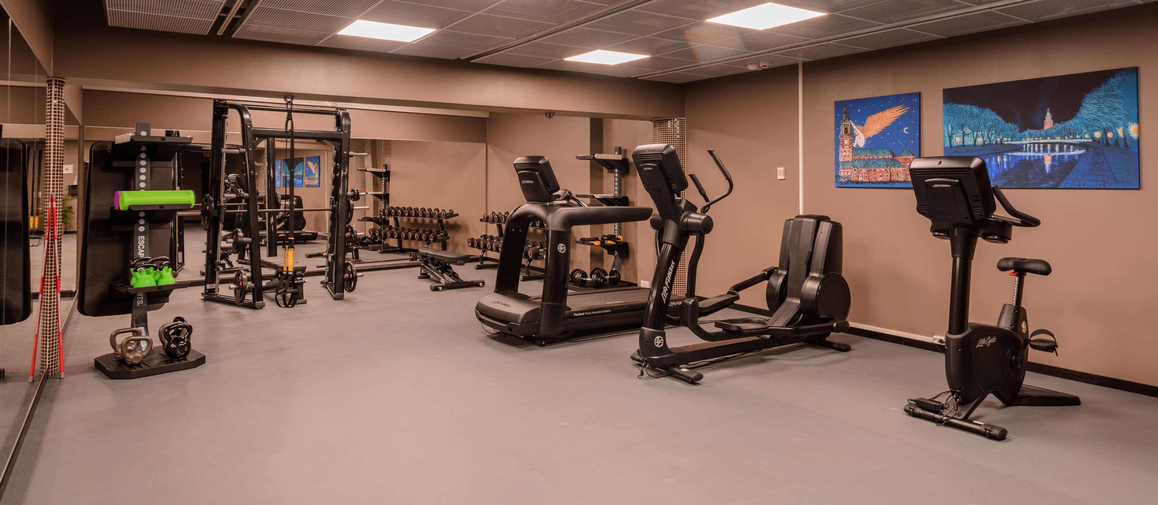 Uma academia com diversos equipamentos de exercício, incluindo esteiras, aparelhos de musculação e pesos livres.