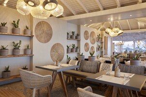 Uma sala de jantar moderna com mobiliário de vime, mesas de madeira e plantas em vasos.