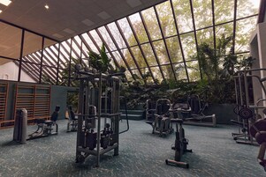 Uma academia com diversos equipamentos de exercício, uma grande janela com vista para árvores e um teto com padrão quadriculado.