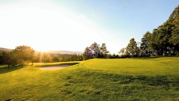 Um campo de golfe com um green bem cuidado, um bunker de areia e árvores ao fundo.