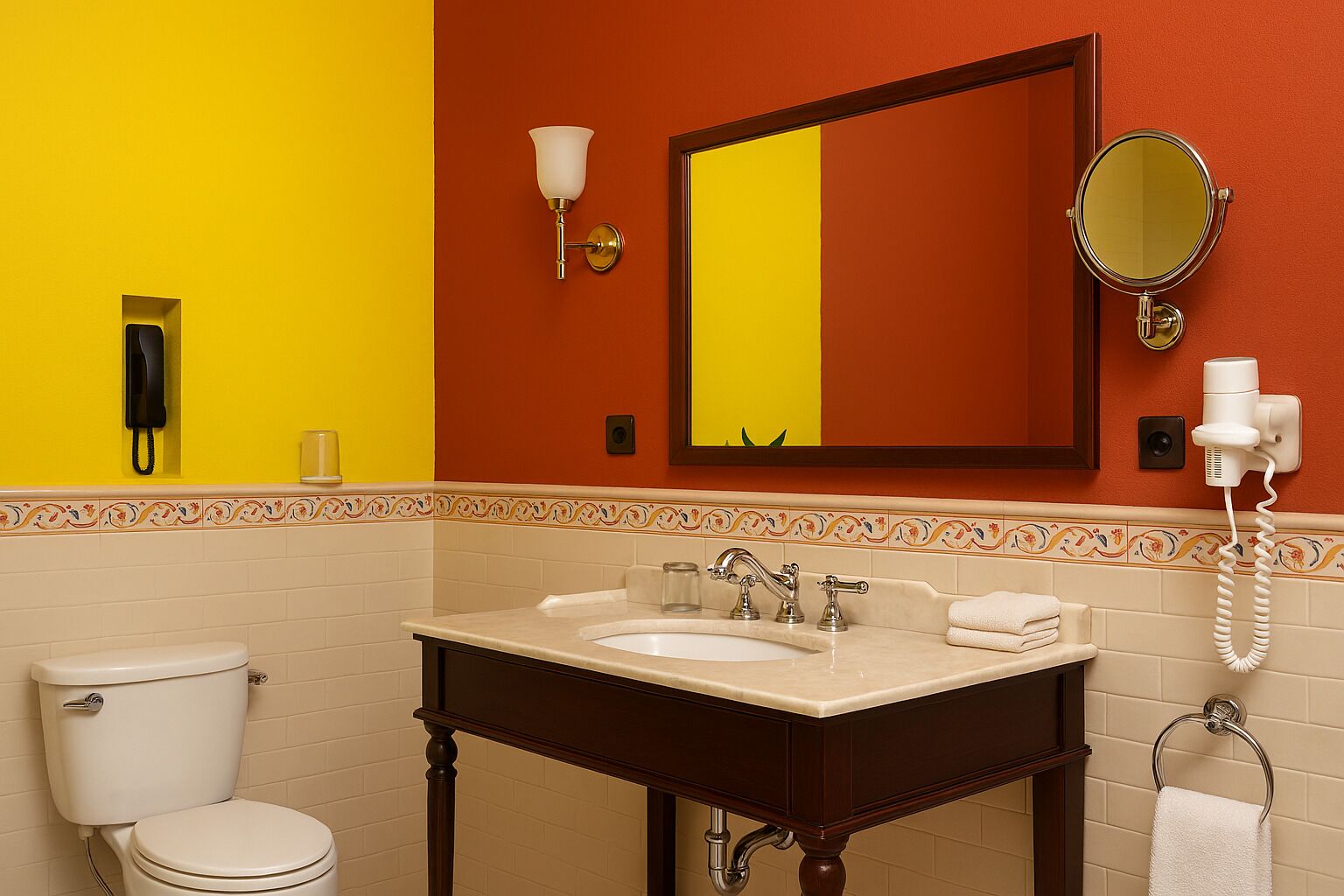 Casa de banho com sanita, lavatório, espelho e secador de cabelo na parede.