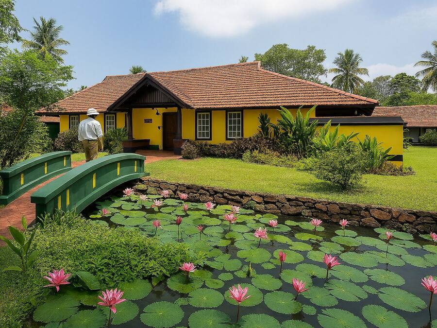Um edifício amarelo com telhado telhado, uma ponte verde e um lago com nenúfares.