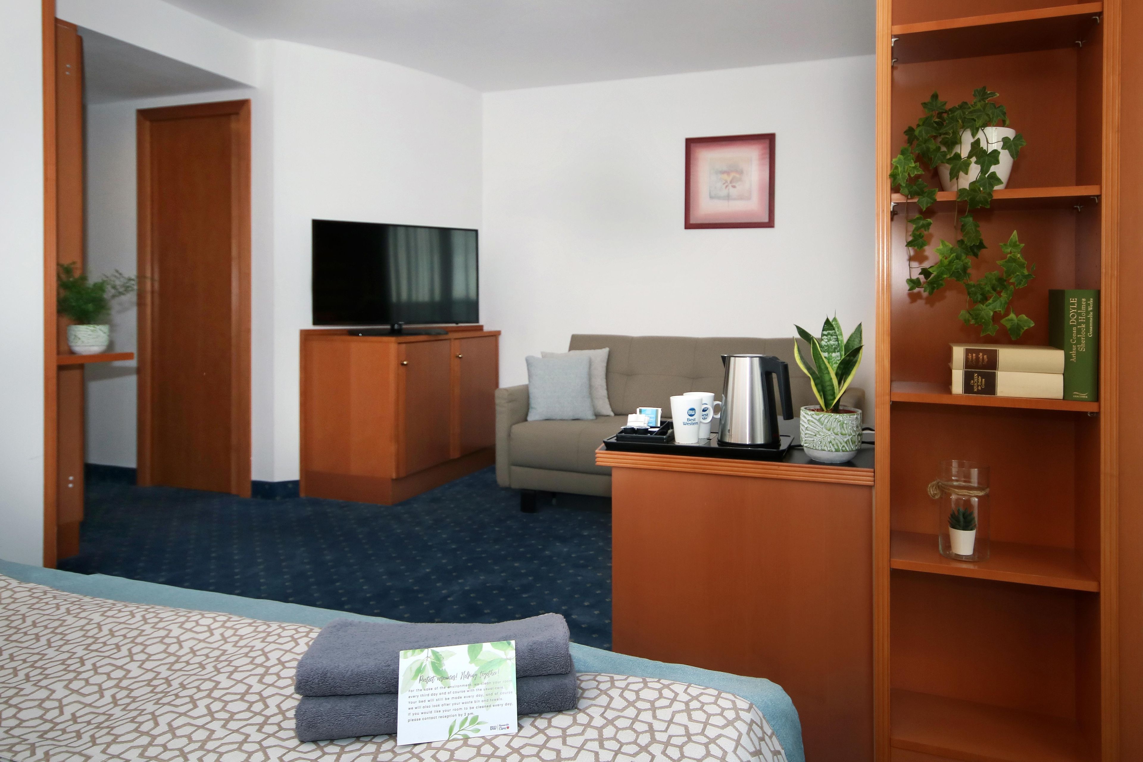 Quarto de hotel com cama, televisão, sofá, mesa de centro, estante e planta.