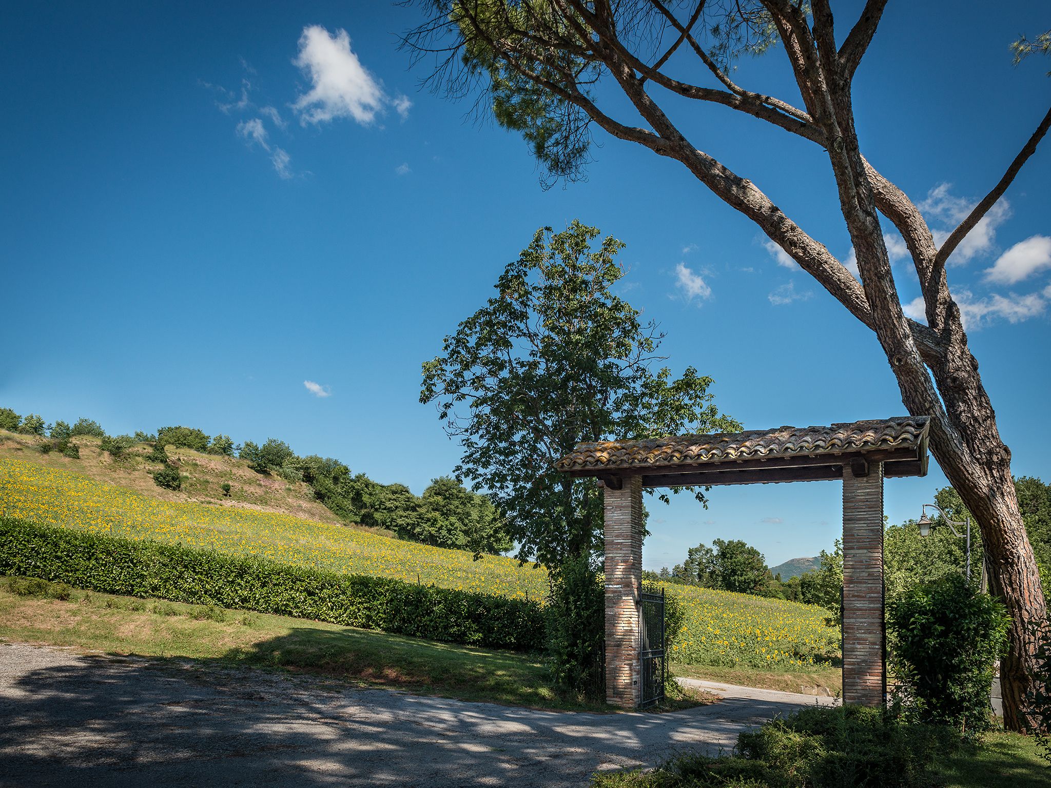 Uma pérgola de pedra com telhado de azulejos, rodeada por uma paisagem verdejante e um céu azul límpido.