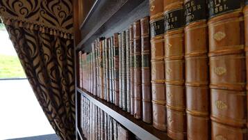 Uma estante com livros encadernados em couro, alguns com detalhes dourados, dispostos verticalmente.
