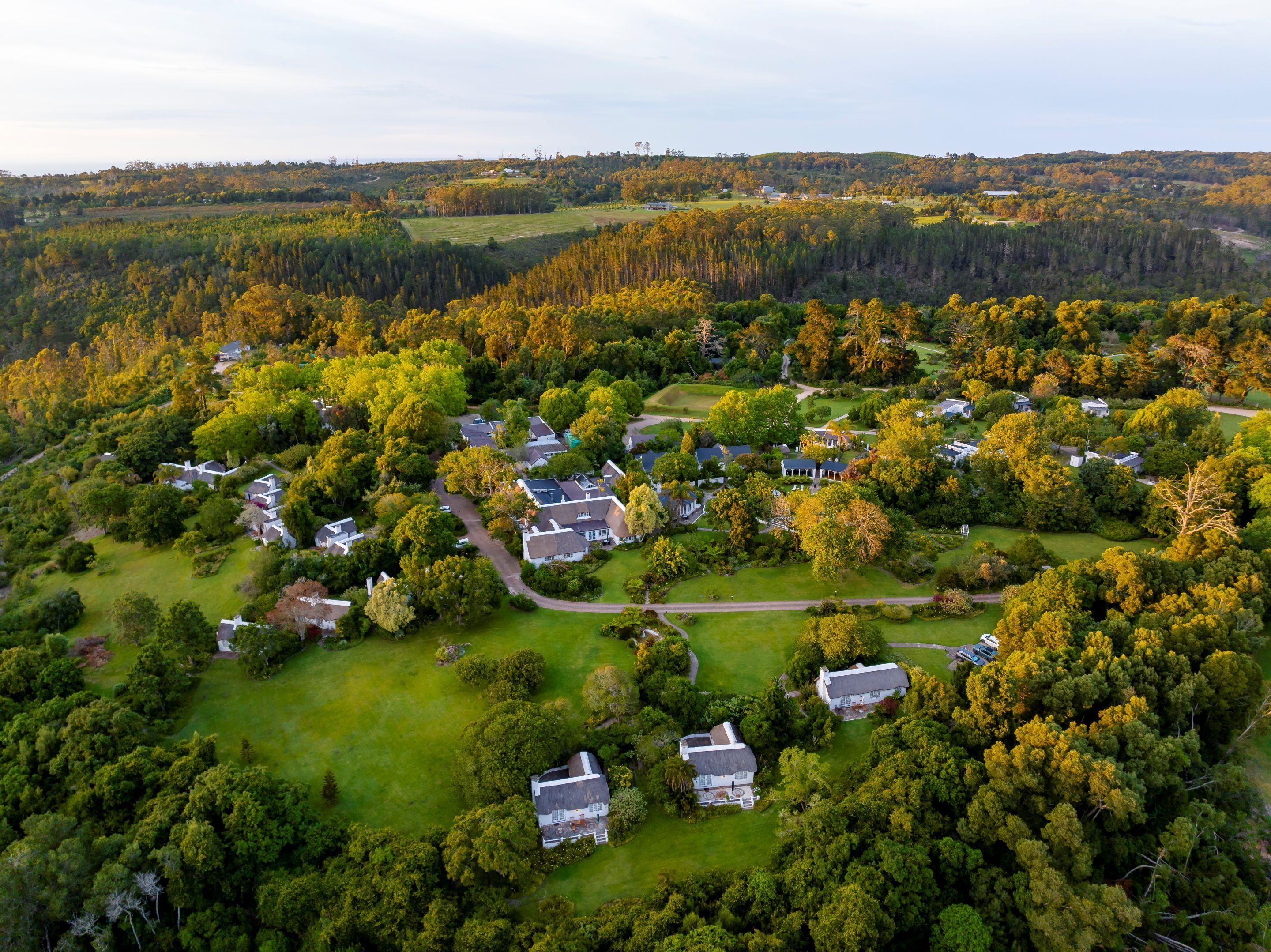 Vista aérea de uma área residencial com casas cercadas por florestas densas e áreas gramadas abertas.