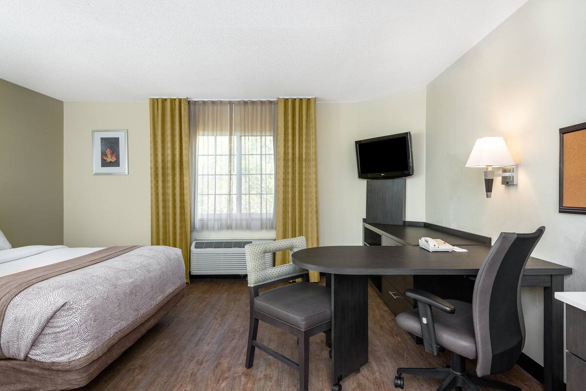 Quarto de hotel com uma cama, uma escrivaninha com cadeira, televisão e luminária.