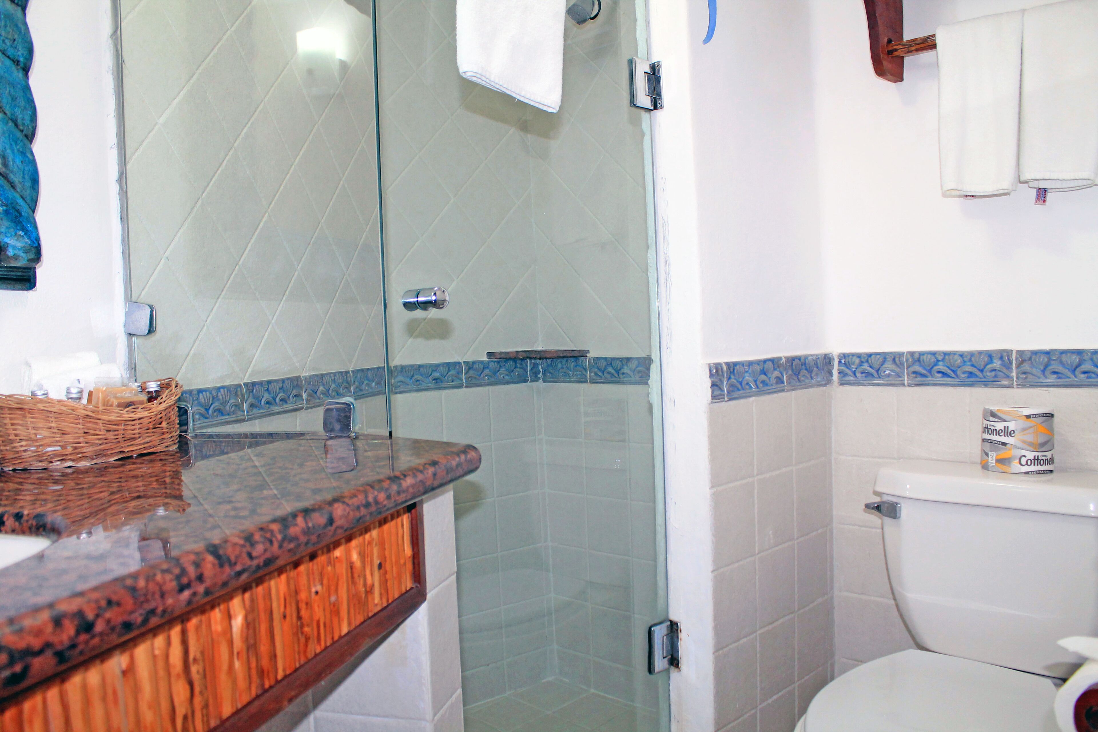 Uma casa de banho com cabine de chuveiro em vidro, toucador de madeira e sanita com rolo de papel higiénico.