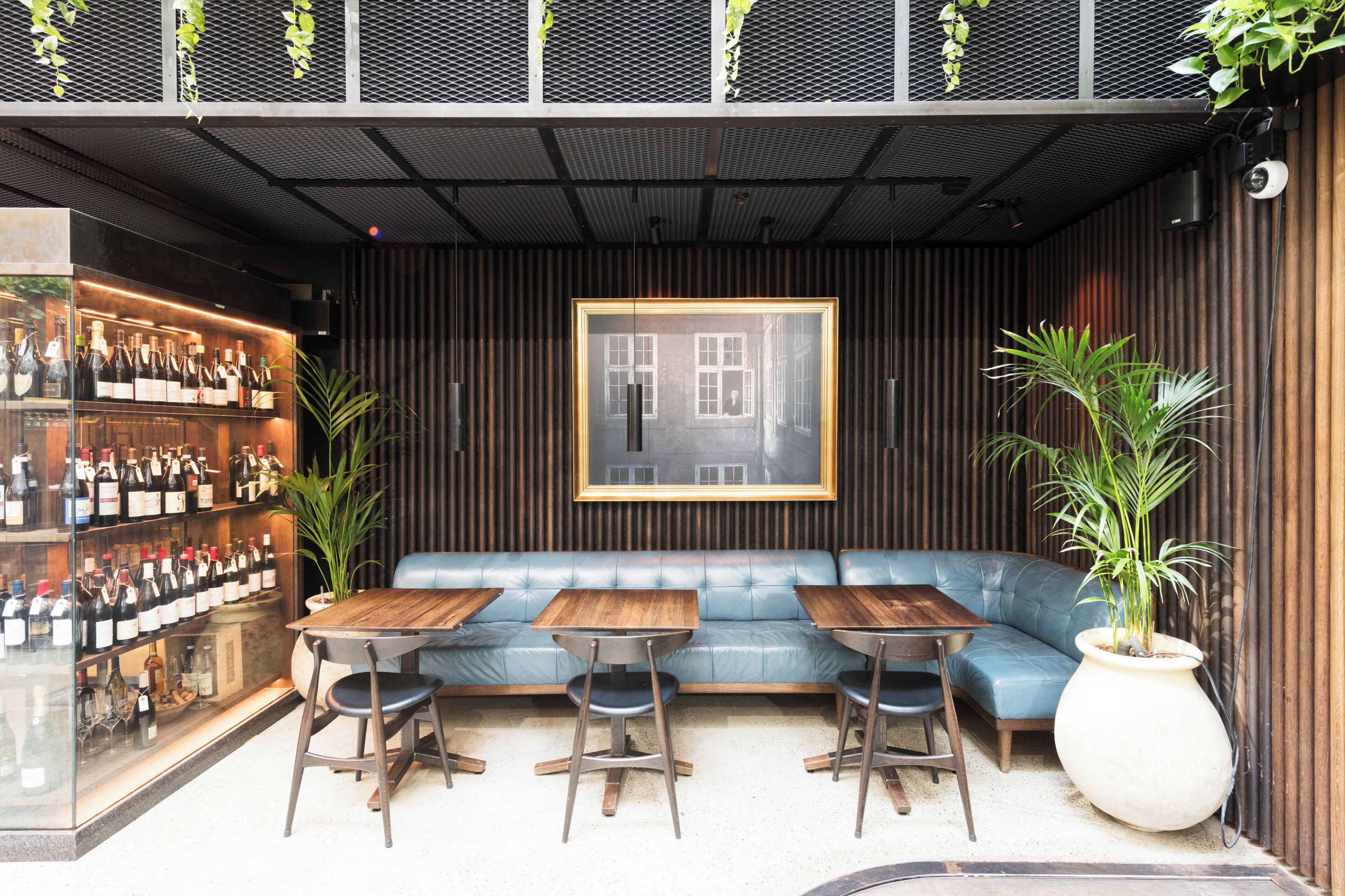 Restaurante com balcão de madeira, assentos de couro azul e plantas em vasos.