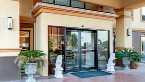 Entrada de hotel com porta giratória, plantas em vasos e uma estátua.