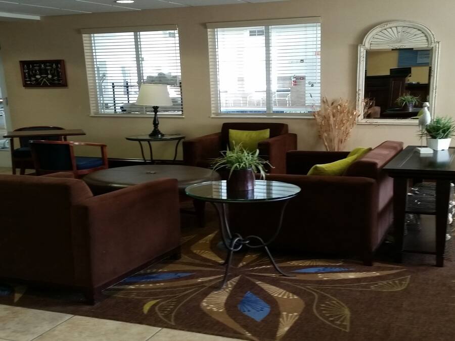 Um hall de hotel com uma mesa de vidro redonda, sofás marrons, uma planta em vaso e um espelho.