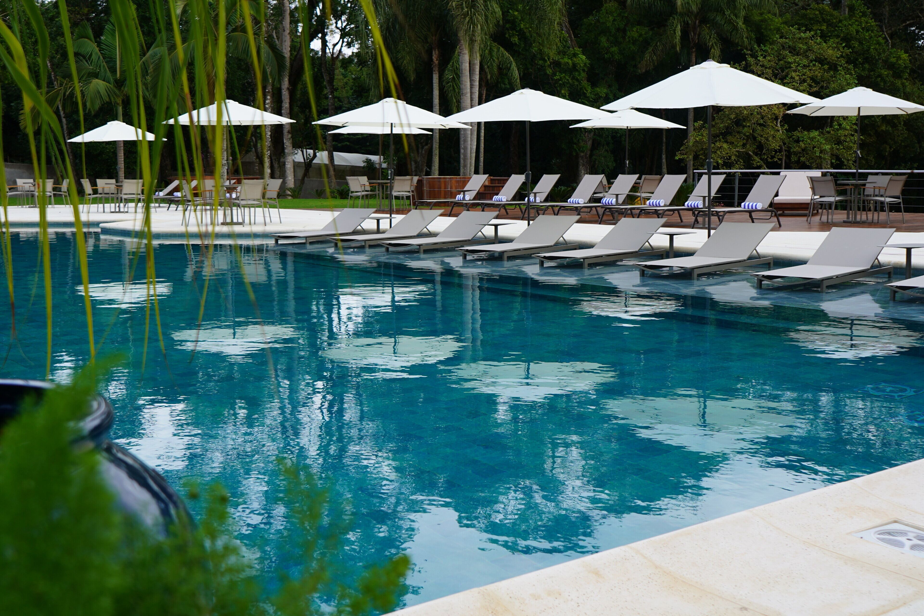 Uma área de piscina com espreguiçadeiras e guarda-sóis.
