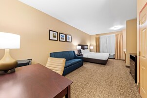 Quarto de hotel com cama, sofá, escrivaninha e cadeira. Três quadros pendem na parede.