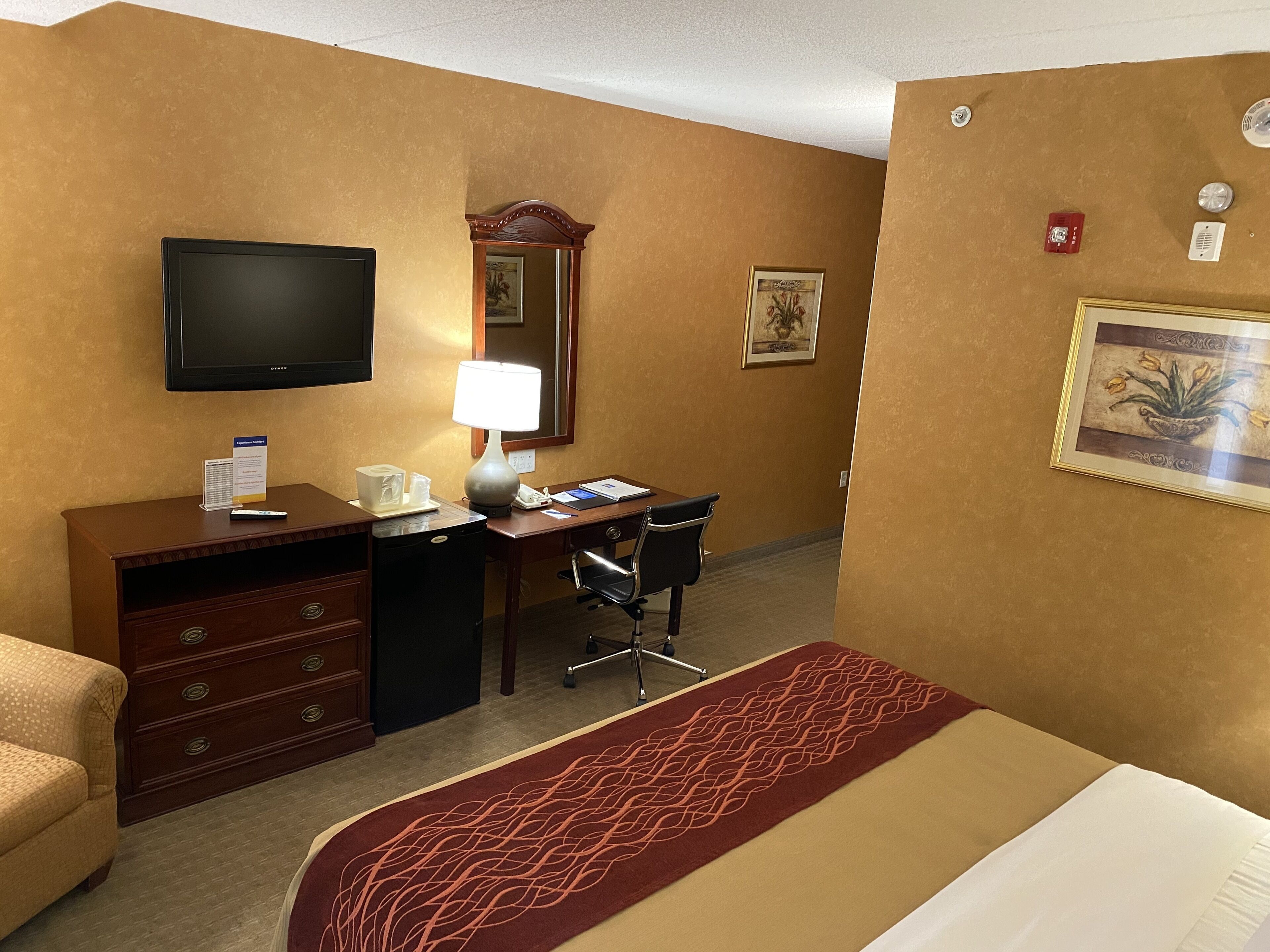 Quarto de hotel com cama, escrivaninha com luminária, televisão, cômoda e uma cadeira.