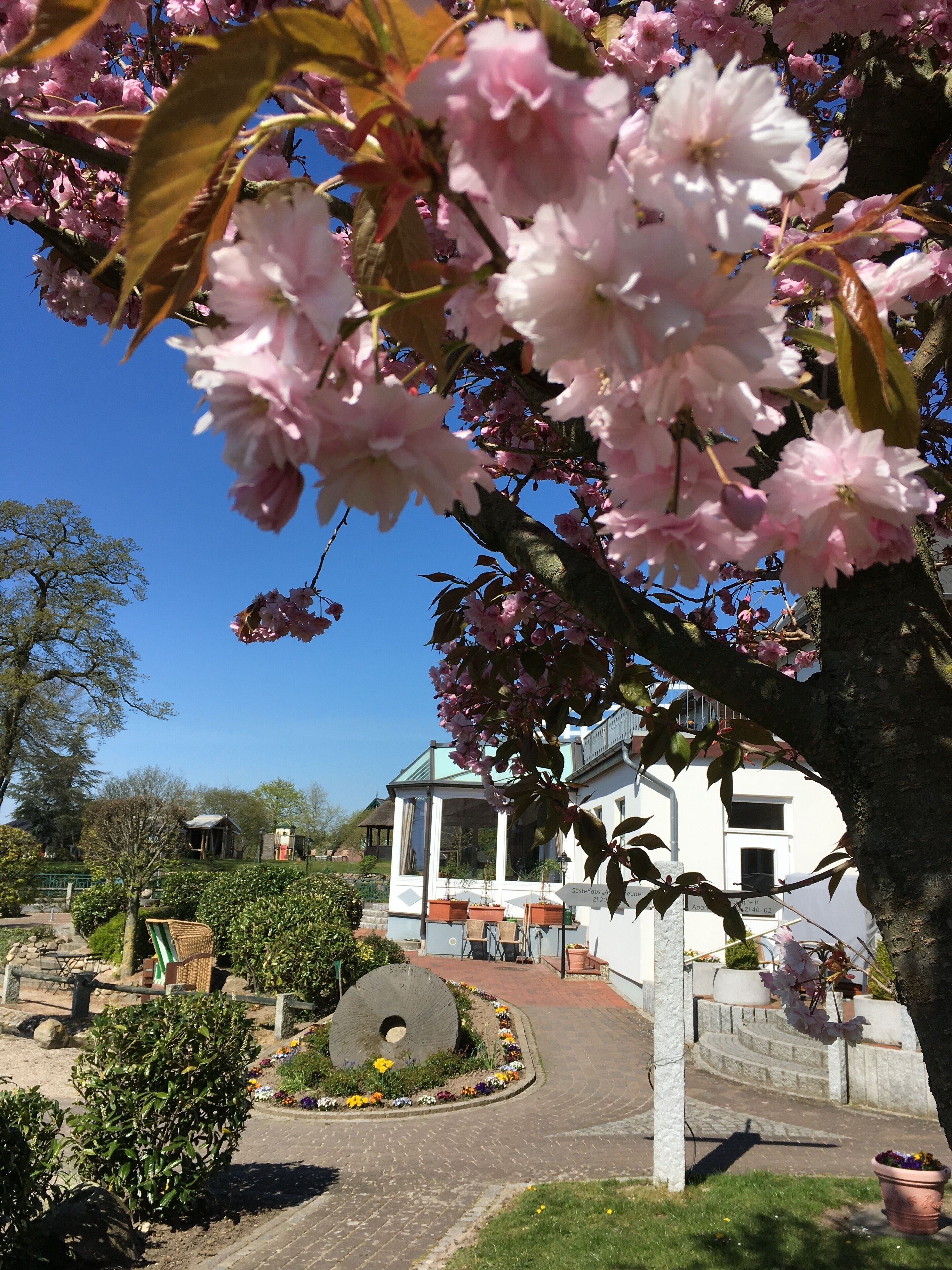 Um edifício com fachada branca, um grande jardim circular e um céu azul límpido.