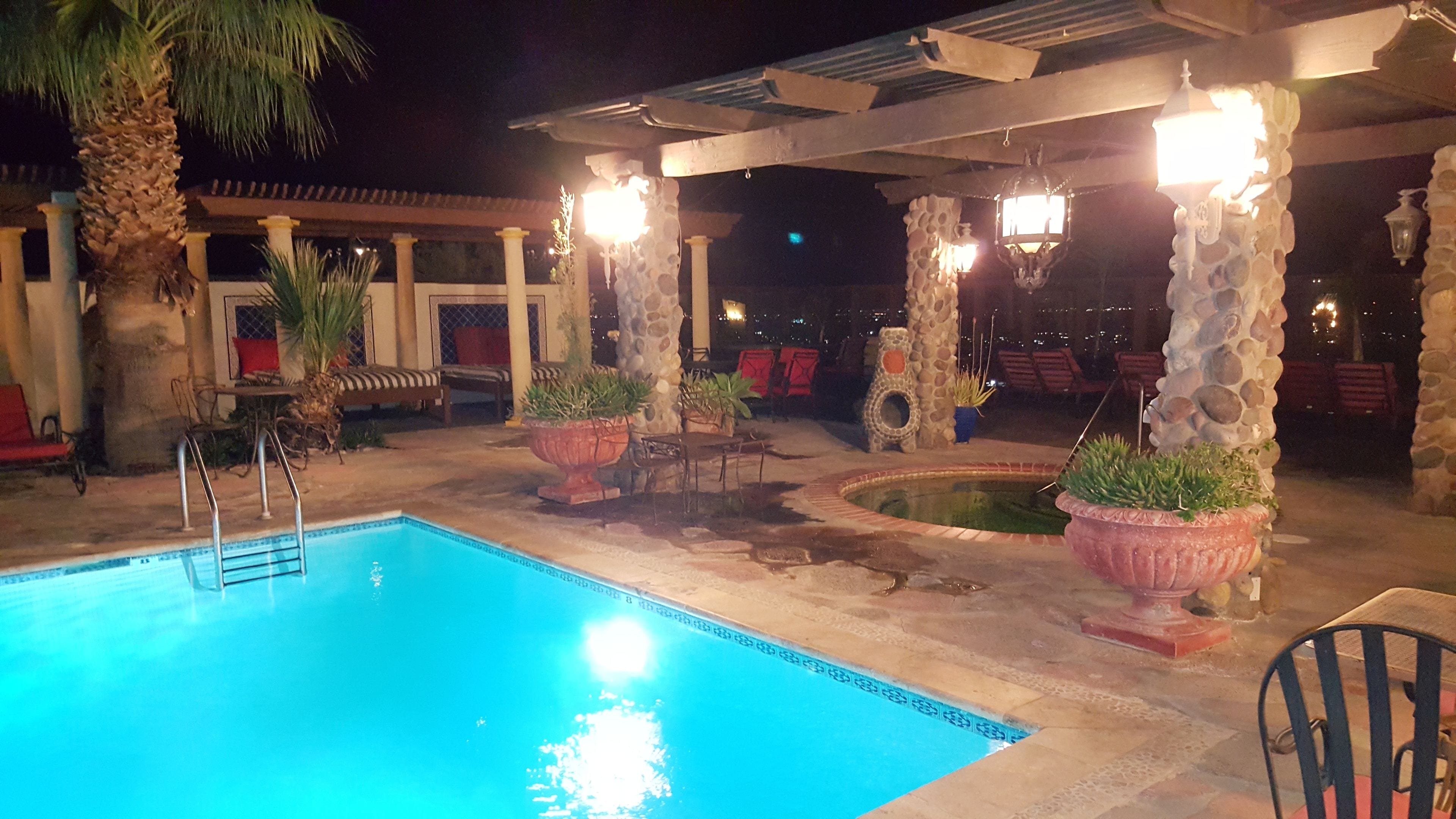Piscina com deck de pedra, rodeada por plantas em vasos e mobiliário de exterior.