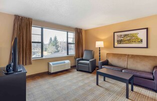 Quarto de hotel com uma janela grande, um sofá, uma cadeira, uma mesa, uma luminária e uma televisão.