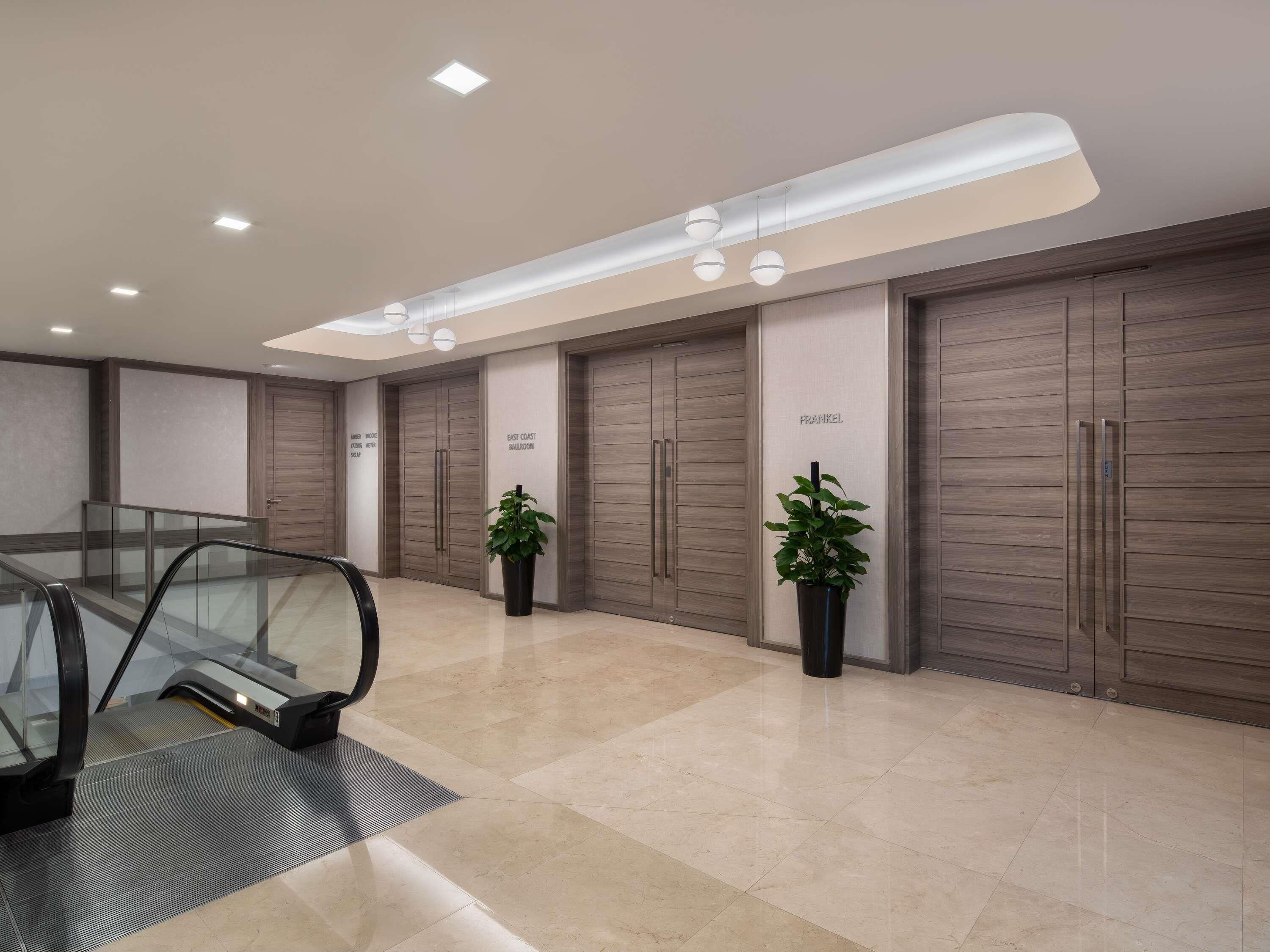 Um lobby de hotel moderno com guarda-corpo de vidro, escada rolante e armários de madeira com a identificação 'East Coast Ballroom' e 'Frankel'.
