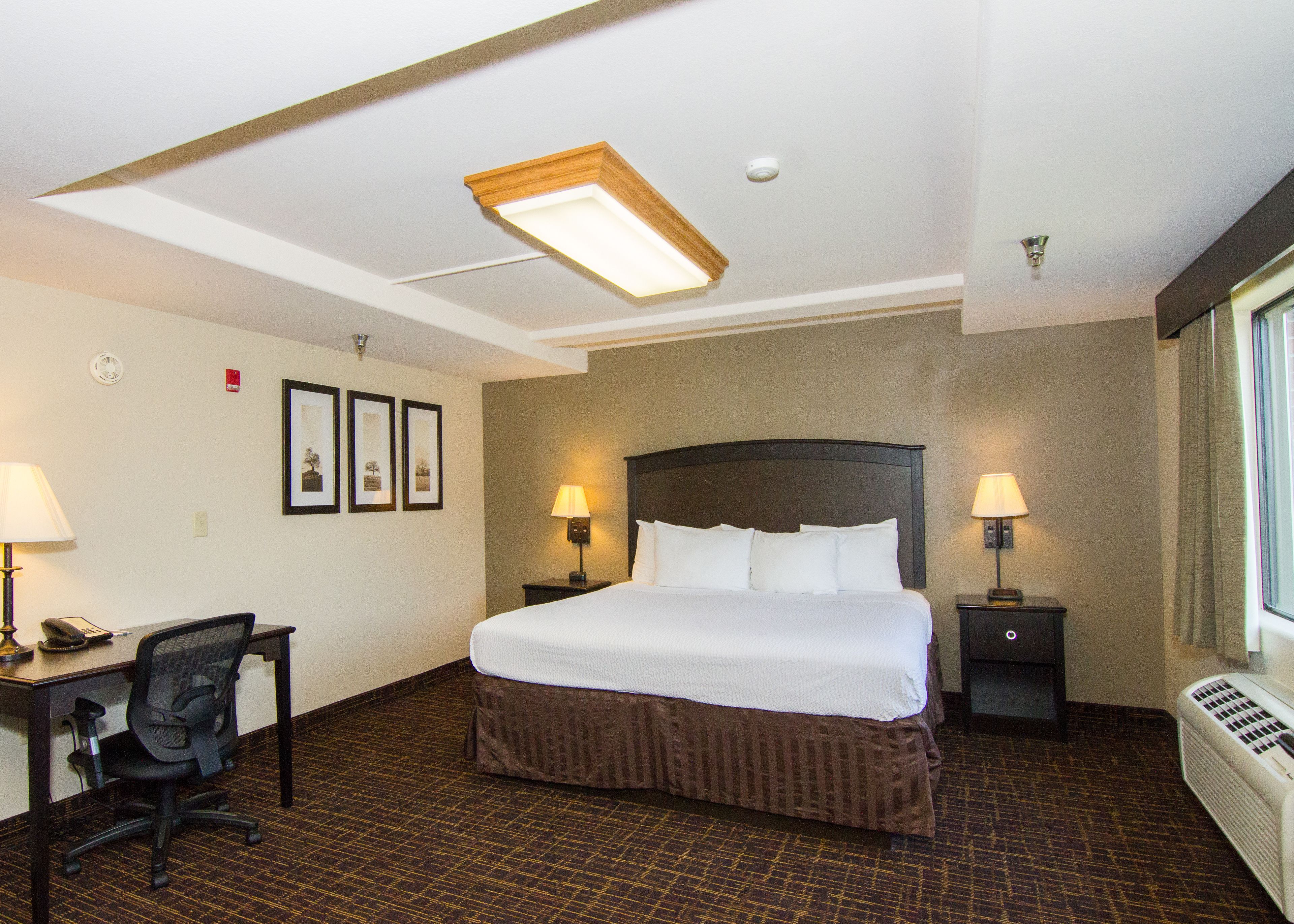 Quarto de hotel com uma cama grande, duas mesas de cabeceira com abajures, uma escrivaninha com cadeira e quadros nas paredes.