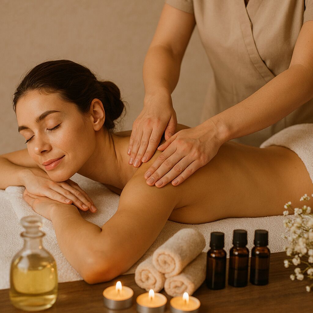 Uma pessoa recebendo massagem, com velas e óleos essenciais sobre a mesa.