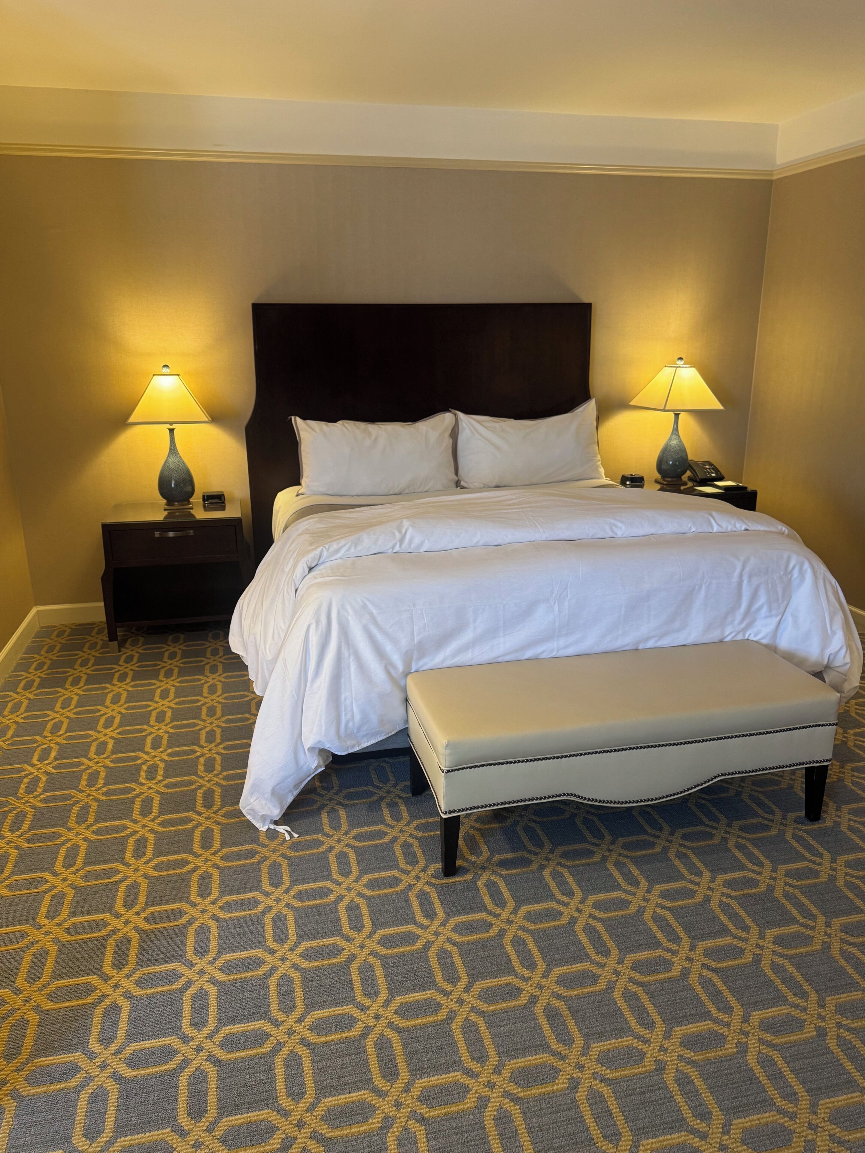 Quarto de hotel com uma cama, duas mesas de cabeceira, uma luminária em cada mesa e um tapete estampado.
