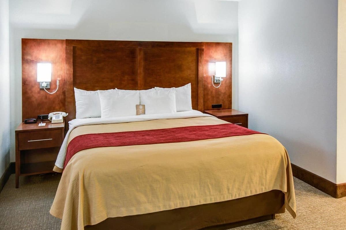Quarto de hotel com uma cama grande, duas mesas de cabeceira com luminárias, um telefone e um cobertor vermelho.
