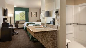 Quarto de hotel com cama, escrivaninha, cadeira, pia, espelho, secador de cabelo e janela com vista para árvores.