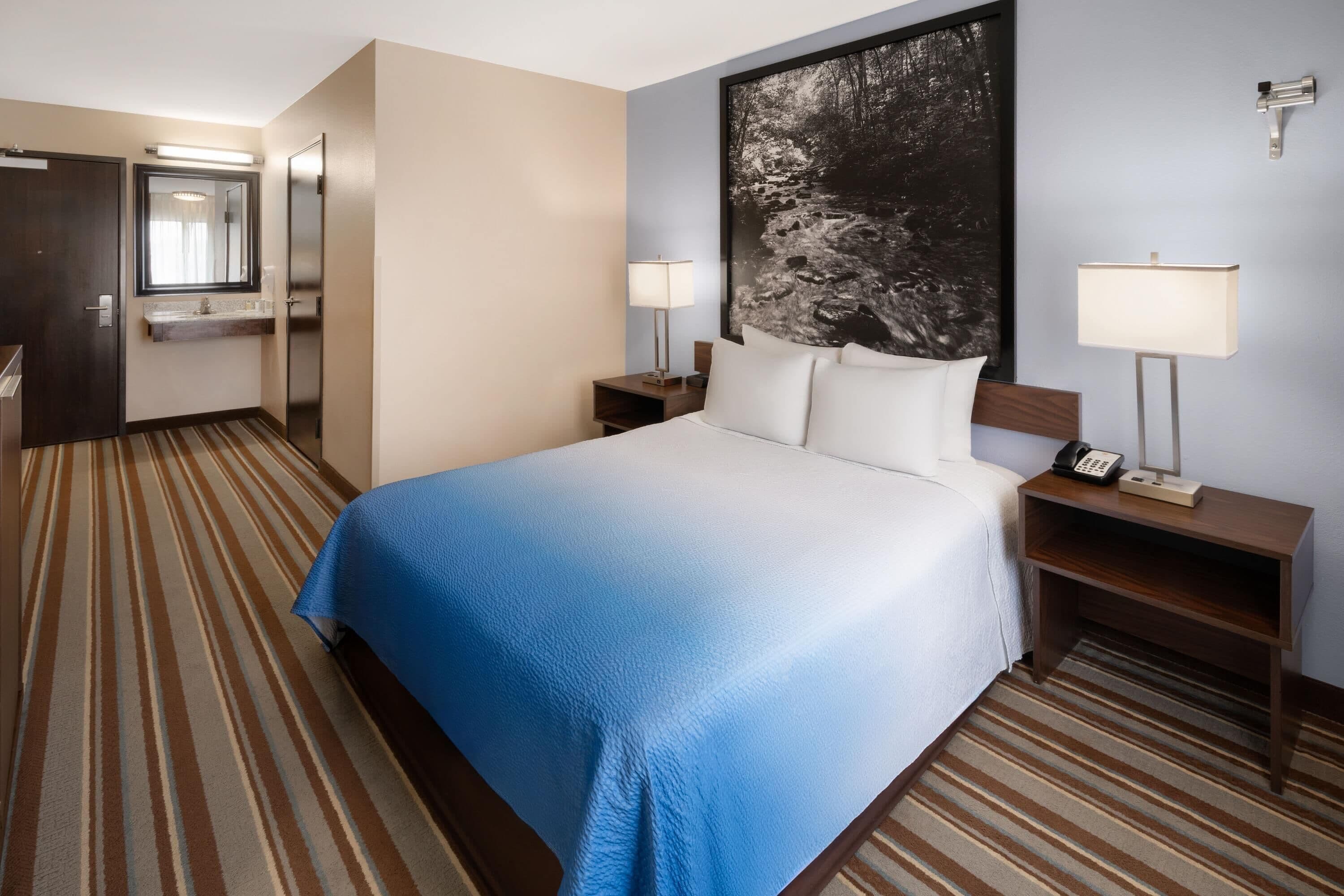 Quarto de hotel com cama, mesa de cabeceira com abajur, espelho, cabeceira de madeira, pintura grande na parede e tapete listrado.