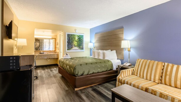 Quarto de hotel com cama, sofá, escrivaninha, espelho e um quadro na parede.