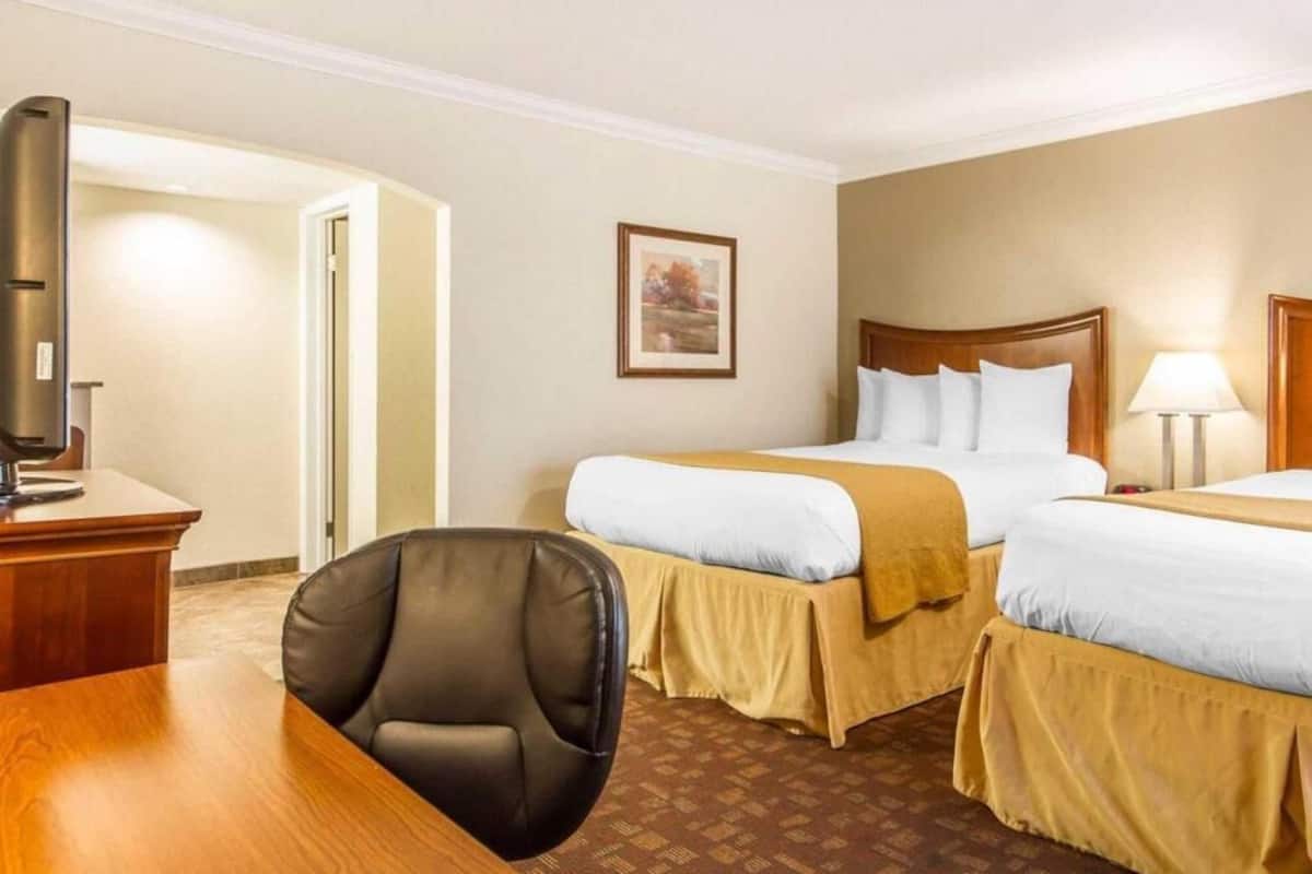 Quarto de hotel com duas camas, uma escrivaninha, uma cadeira e um quadro na parede.