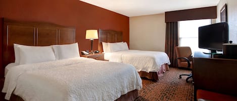 Quarto de hotel com duas camas, uma mesa de trabalho e uma televisão, e um tapete estampado.