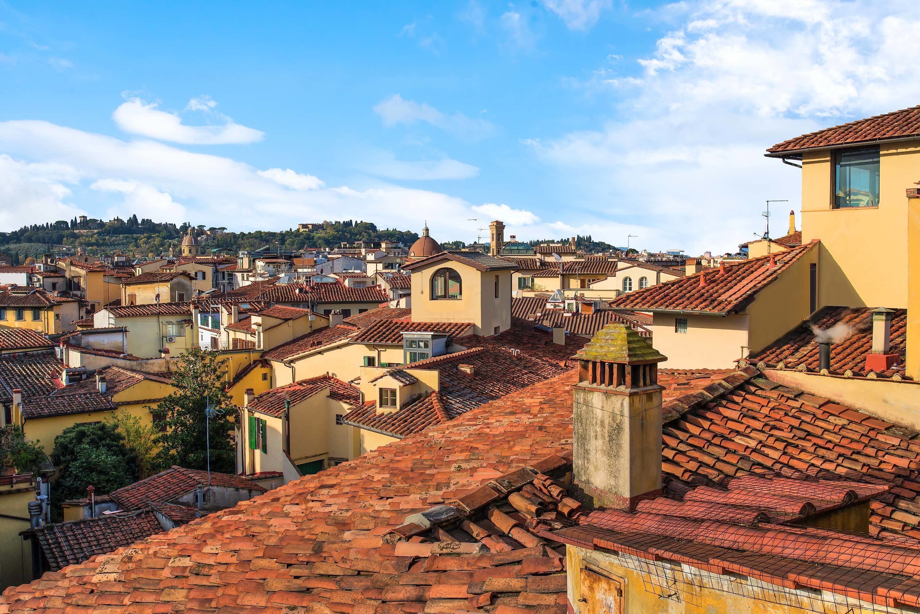Uma área urbana densamente povoada com telhados de terracota e edifícios com estilos arquitetônicos diversos.
