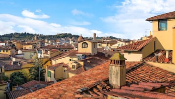 Uma área urbana densamente povoada com telhados de terracota e edifícios com estilos arquitetônicos diversos.